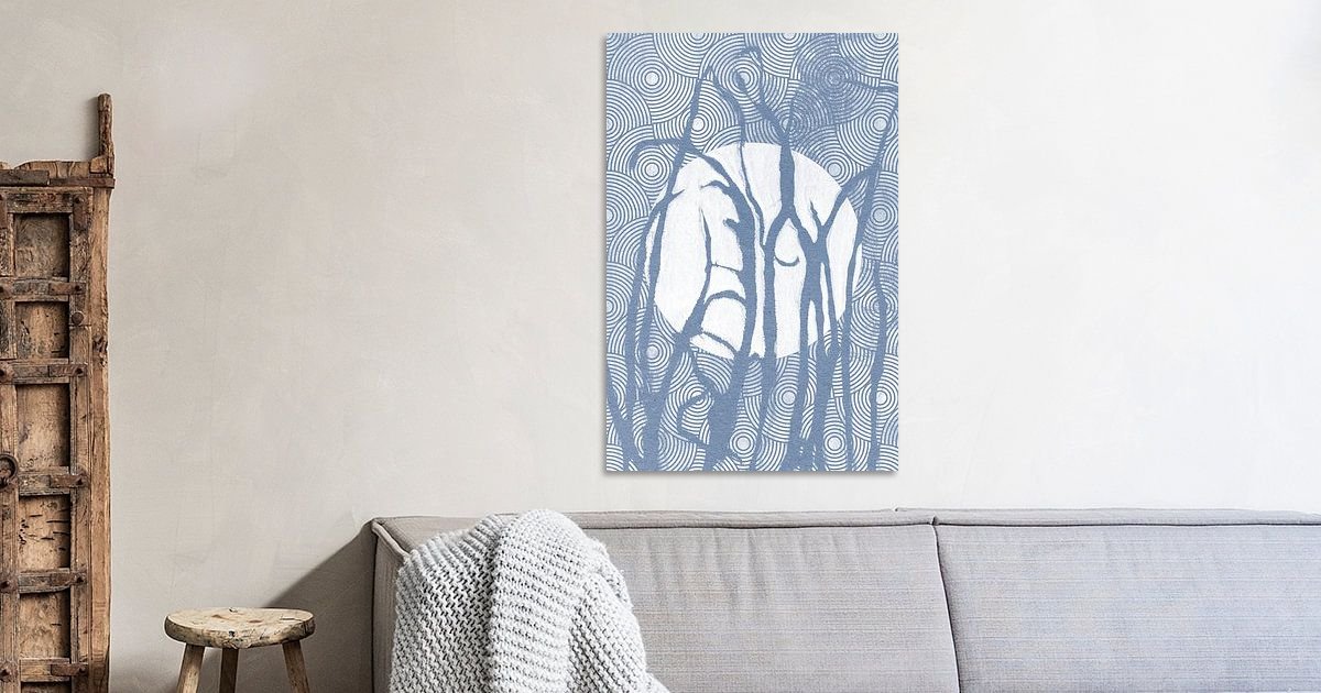 Ikigai. Blauw gras en maan. Abstracte minimalistische Zen kunst. Japandi stijl I van Dina ...